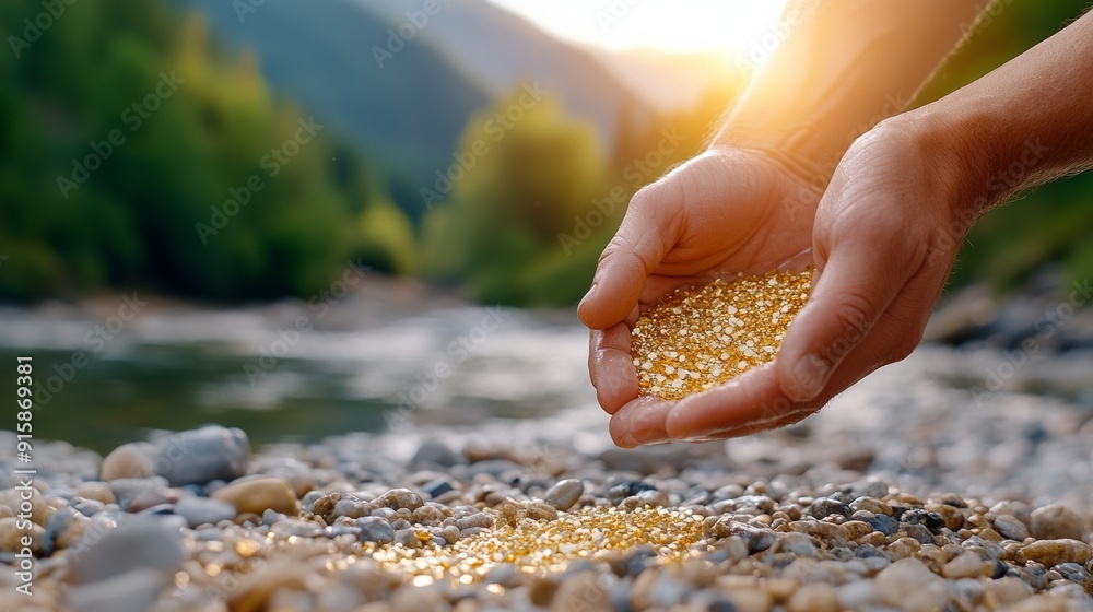 Hands sift through river sediment at a gold panning site, revealing ...