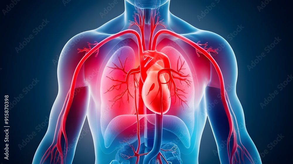 A detailed illustration of the human cardiovascular system, displayed ...