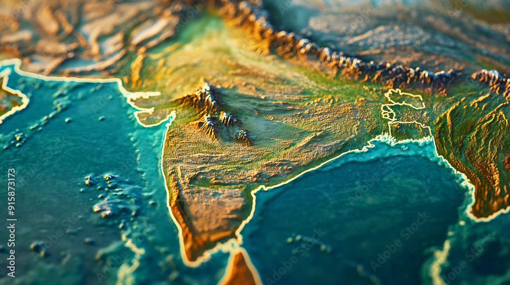 Colorful cartographic representation of the region showing India and ...