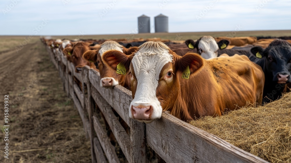 Cattle feedlot featuring pens, feed troughs, grain silos, and diverse ...