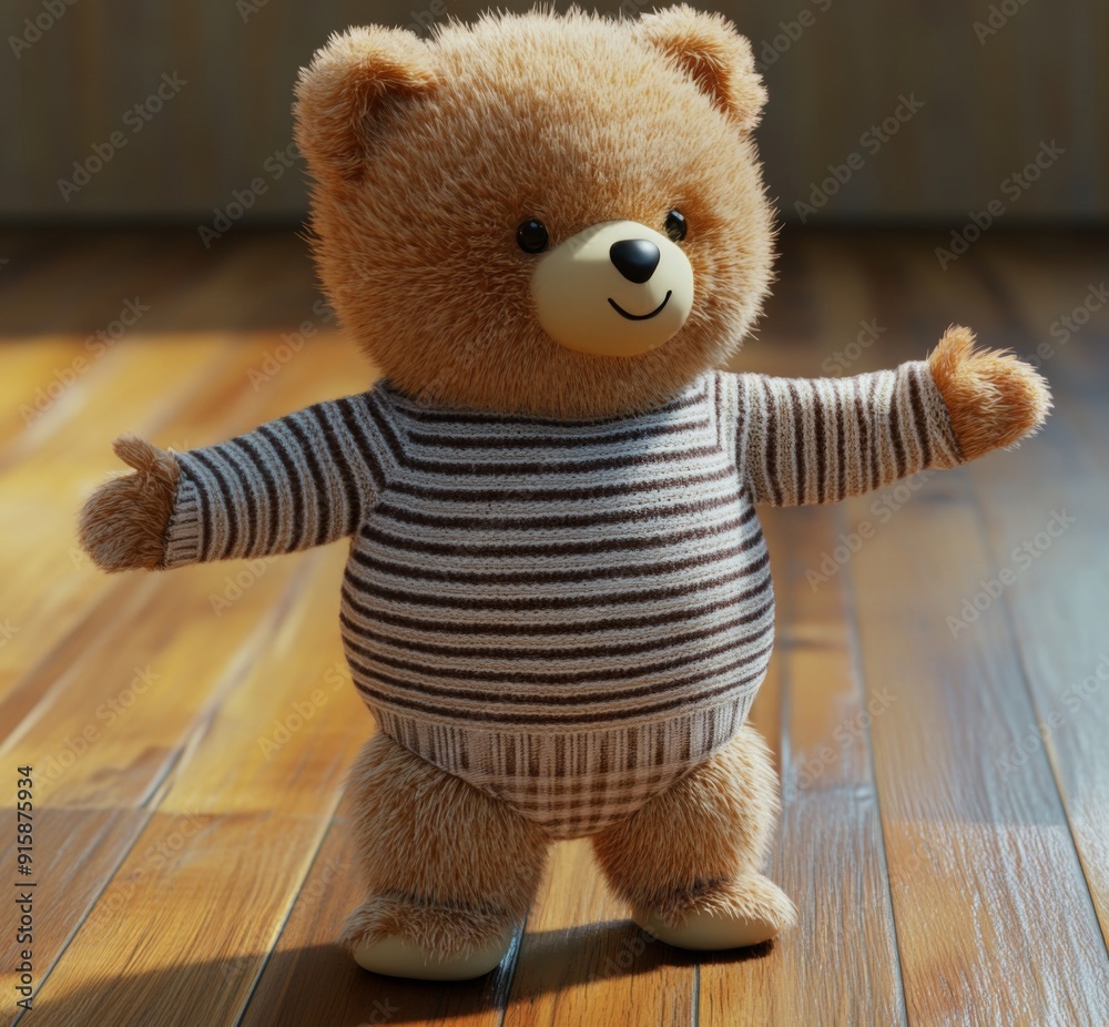 Adorable Animated Teddy Bear in a Striped Sweater, Arms Outstretched ...
