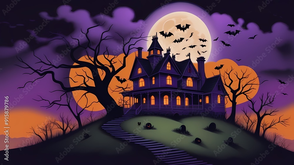 an enchanting Halloween scene with a haunted house on a hill, glowing ...