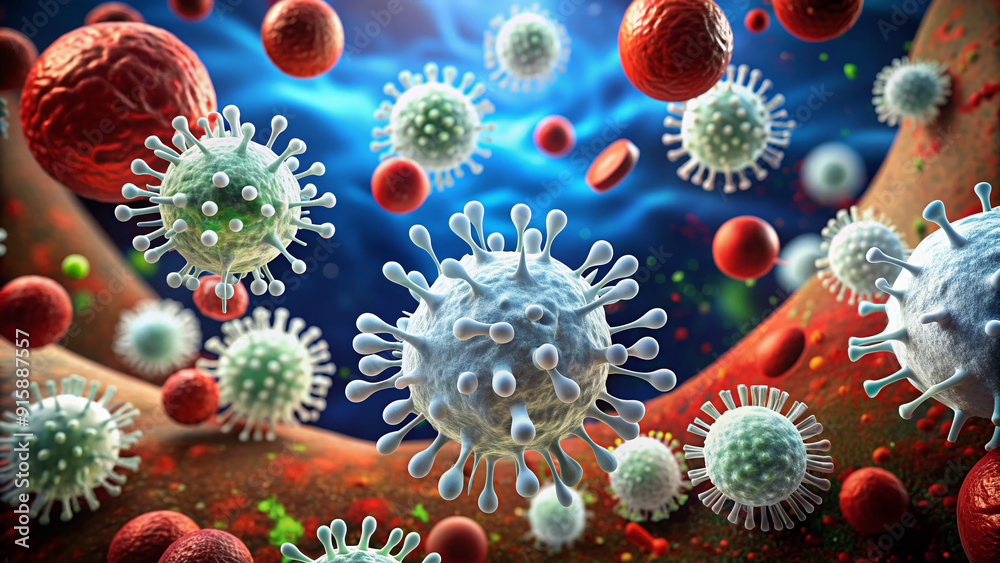 Microscopic view of bacterial cells under attack by white blood cells ...