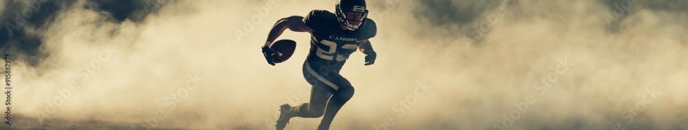 Dynamic American Football Player Muscles Through the Foggy Field ...