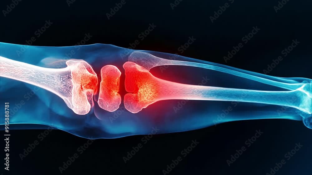 3D animated X-ray of a knee joint with red glow highlighting ...