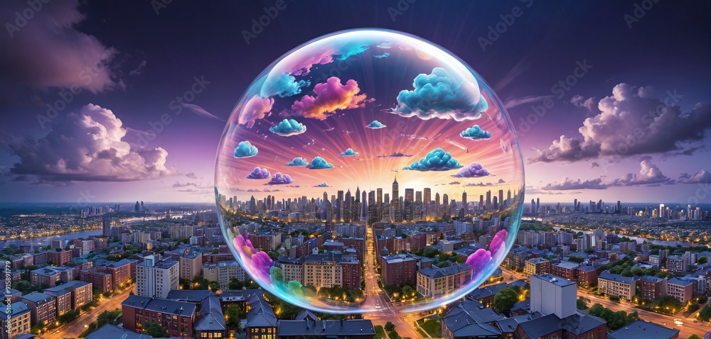 Conceptual representation of a city wrapped in a bubble, city as a self ...