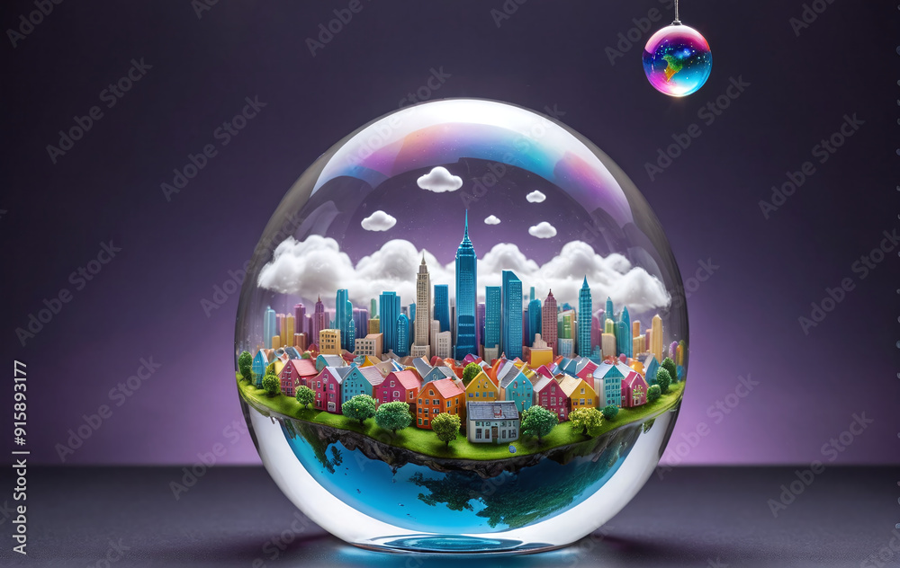 Conceptual representation of a city wrapped in a bubble, city as a self ...