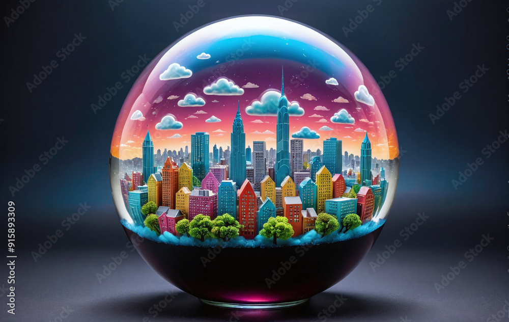 Conceptual representation of a city wrapped in a bubble, city as a self-contained system, rising ...