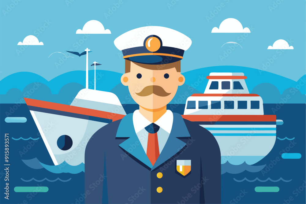 A boat captain in uniform stands proudly in front of two boats under a ...
