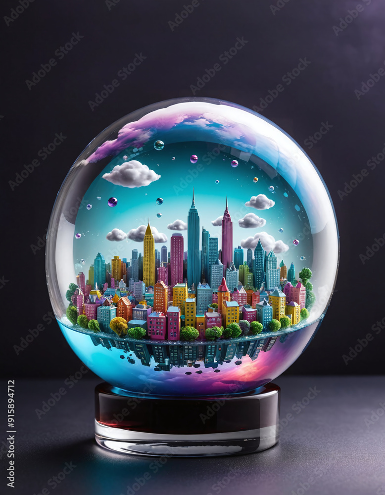 Conceptual representation of a city wrapped in a bubble, city as a self-contained system, rising ...
