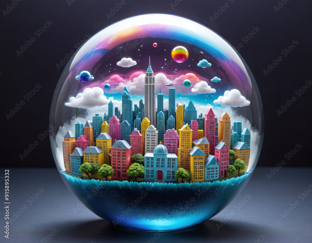 Conceptual representation of a city wrapped in a bubble, city as a self ...