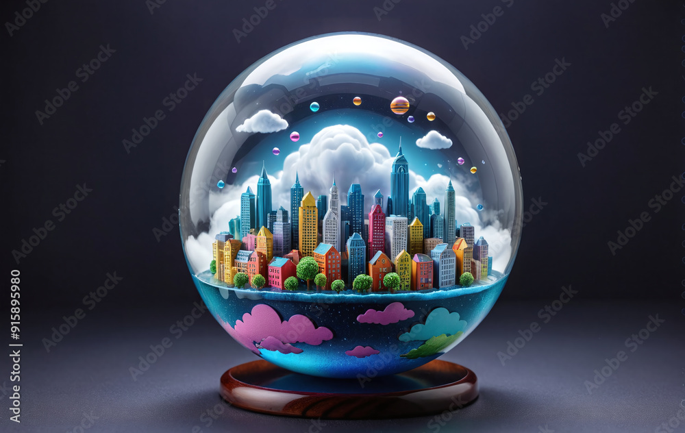 ภาพประกอบสต็อก Conceptual representation of a city wrapped in a bubble, city as a self-contained ...