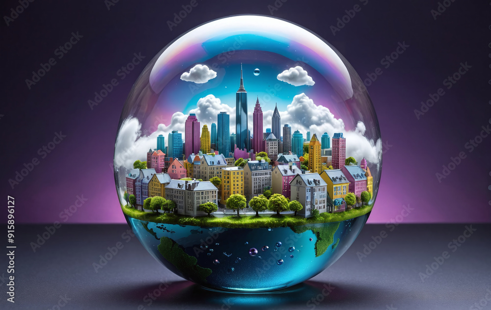 Conceptual representation of a city wrapped in a bubble, city as a self ...