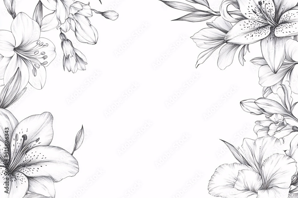 Elegant black and white floral design featuring detailed lilies forming ...