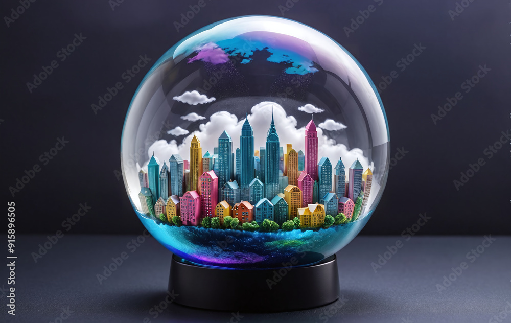 Conceptual representation of a city wrapped in a bubble, city as a self-contained system, rising ...
