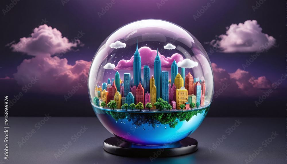 Conceptual representation of a city wrapped in a bubble, city as a self ...