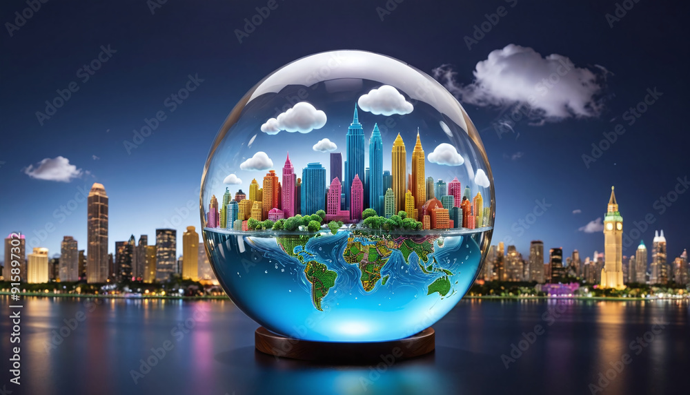 Conceptual representation of a city wrapped in a bubble, city as a self-contained system, rising ...