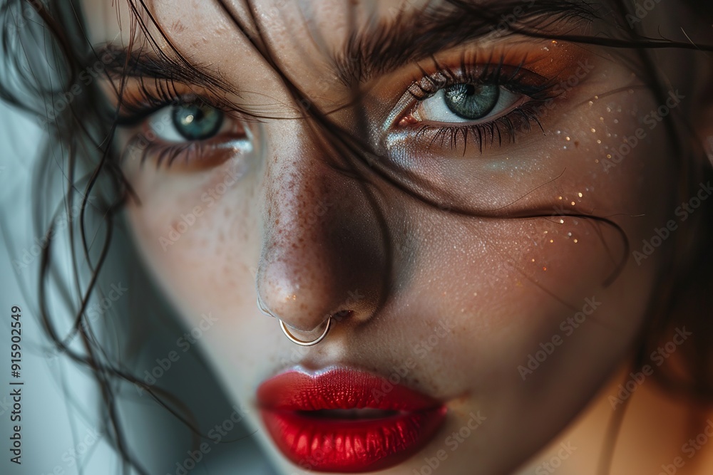 A close-up professional photo capturing a woman with a nose piercing ...