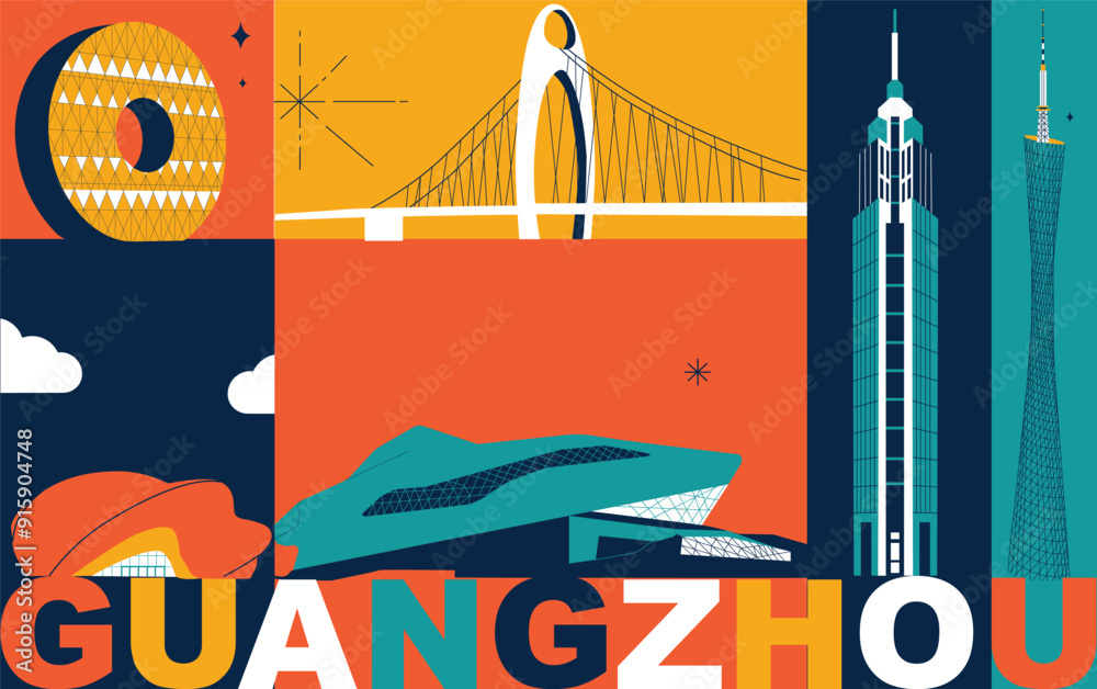 Typography word Guangzhou branding technology concept. Collection of ...