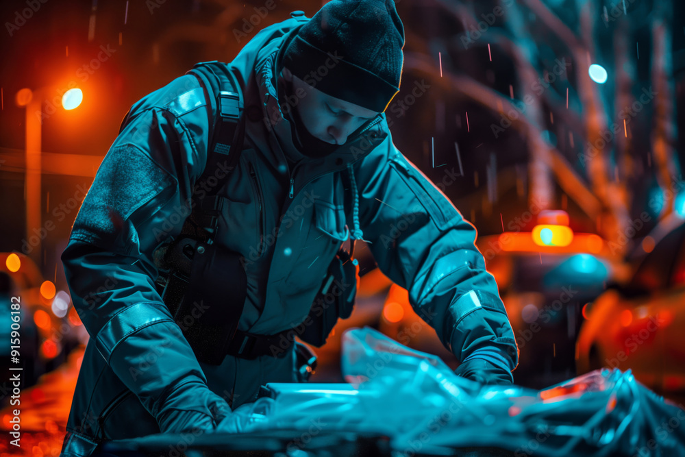 Forensic Investigator Examines Murder Weapon Under Neon Lights on Rainy ...