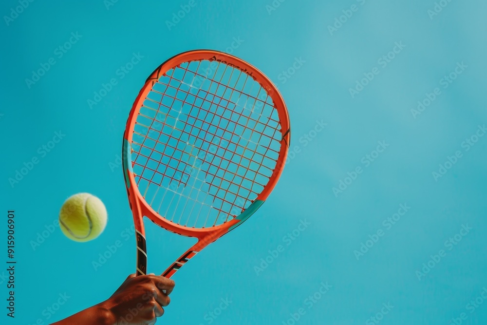 Bright tennis racket in action poised to hit a tennis ball. Perfect for ...