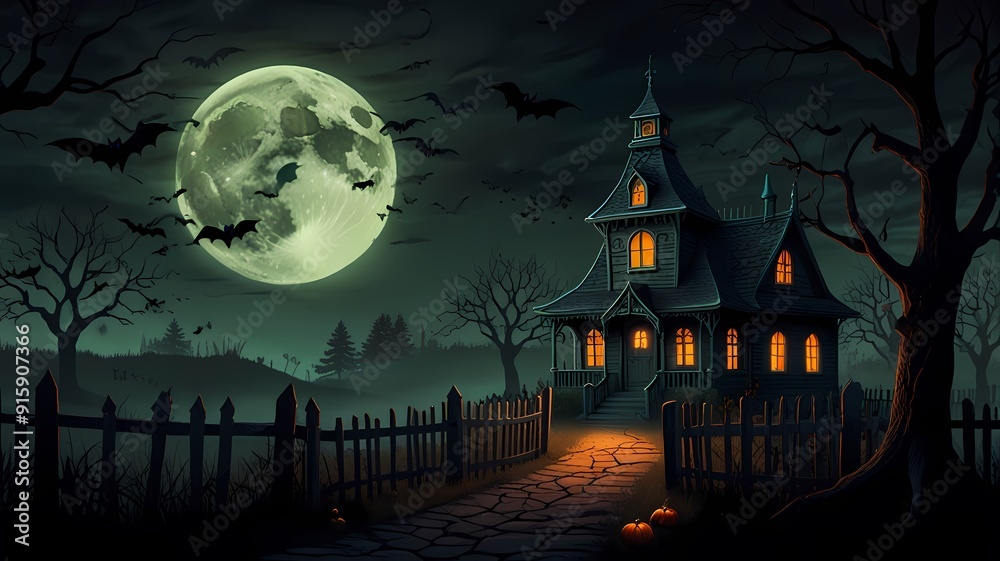 an enchanting Halloween scene with a haunted house on a hill, glowing ...