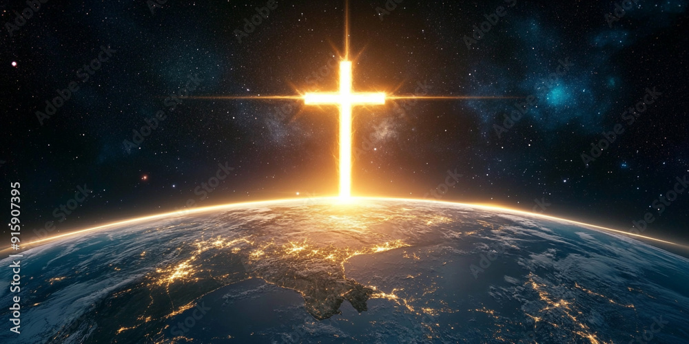 The cross of Jesus Christ shining over the Earth from space ...