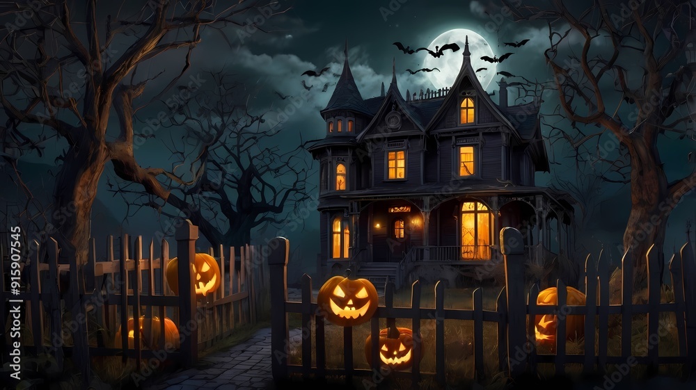 an enchanting Halloween scene with a haunted house on a hill, glowing ...