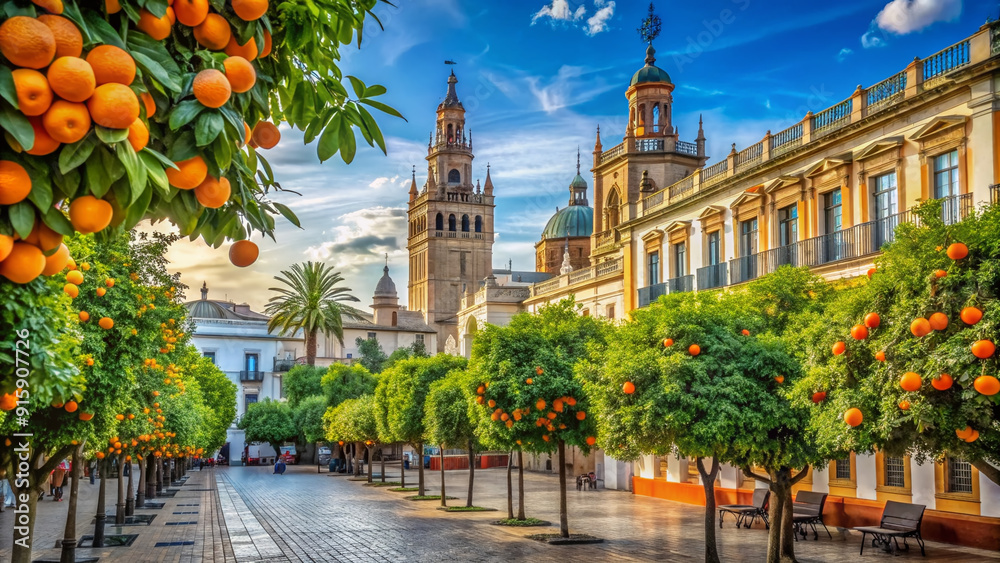 Vibrant orange trees and ancient architecture line the sun-drenched ...