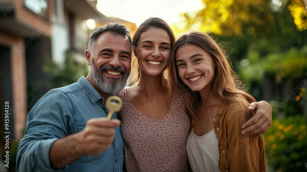Excited to begin creating new memories, a joyful family stands outside ...