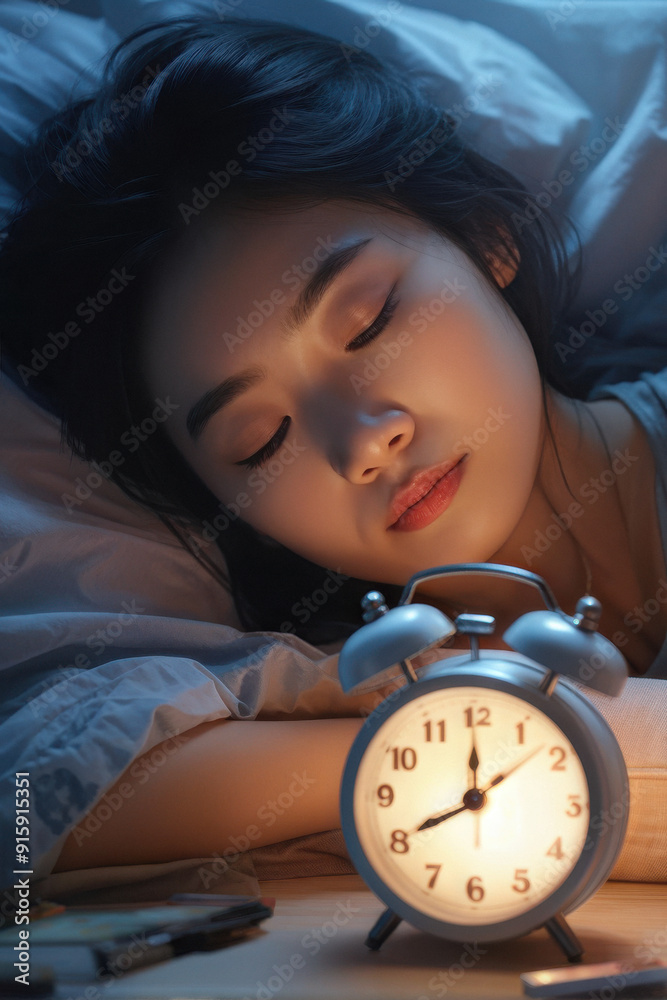 Morning Struggle: young lazy Asian woman tries to extend her sleep. A ...
