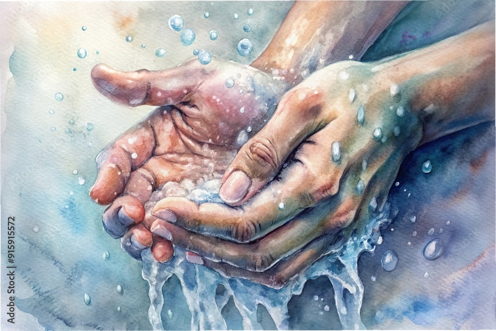 A painting of two hands washing each other with water. The painting ...