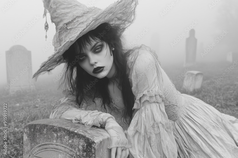 Vintage-style black and white photo of a beautiful witch in a ...