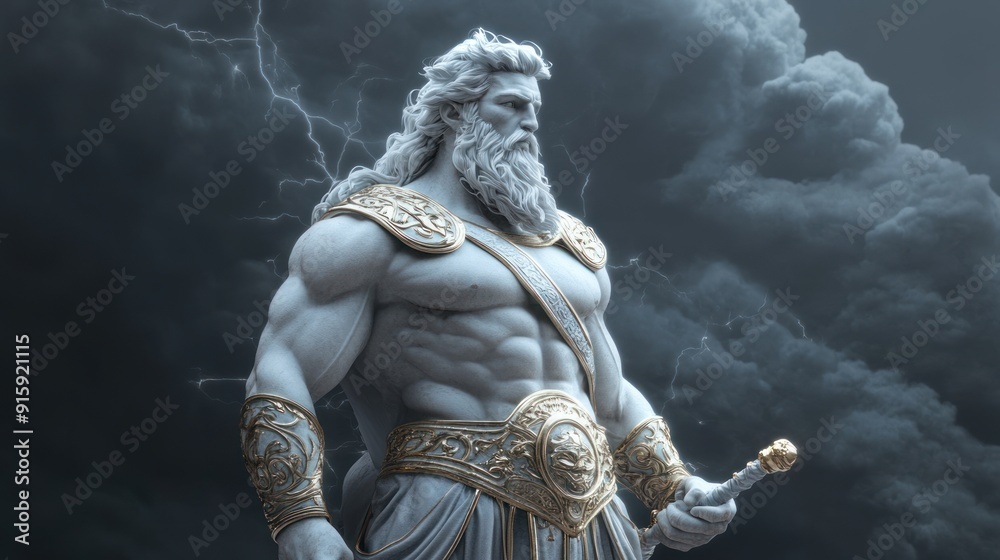 Epic depiction of Zeus, the Greek god of thunder, wielding a mighty ...