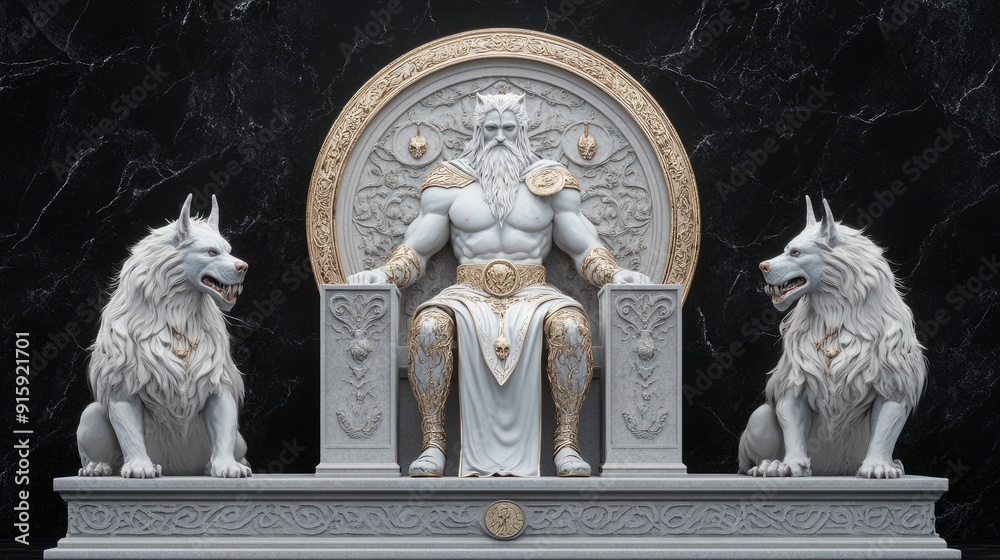 Hades, ruler of the Underworld, seated on his throne with Cerberus by ...