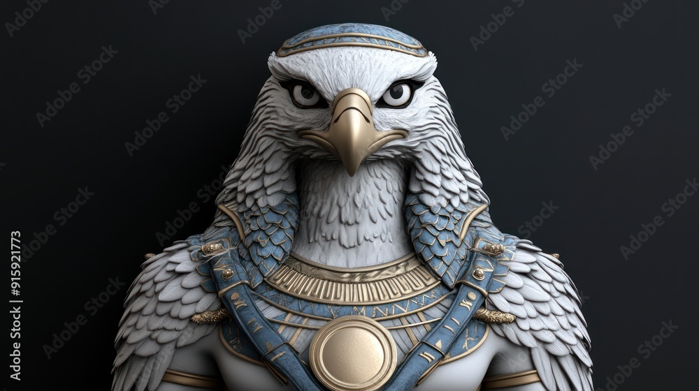 Majestic portrayal of Horus, the falcon-headed Egyptian god, adorned in ...