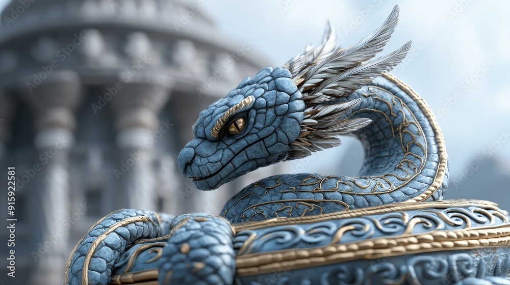 Quetzalcoatl, the feathered serpent, coiled around an ancient altar ...