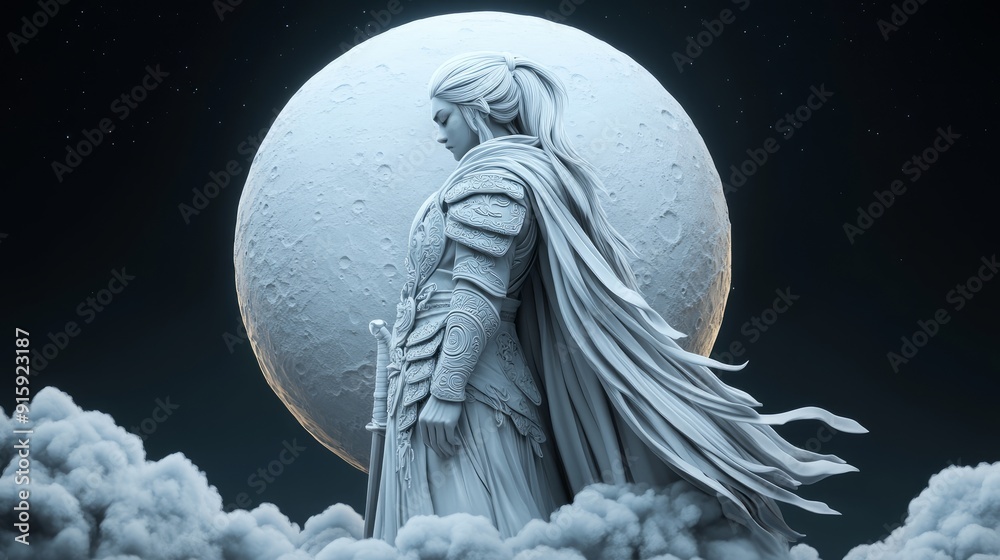 Celestial Moon God Standing Among Clouds Under a Full Moon, Draped in ...