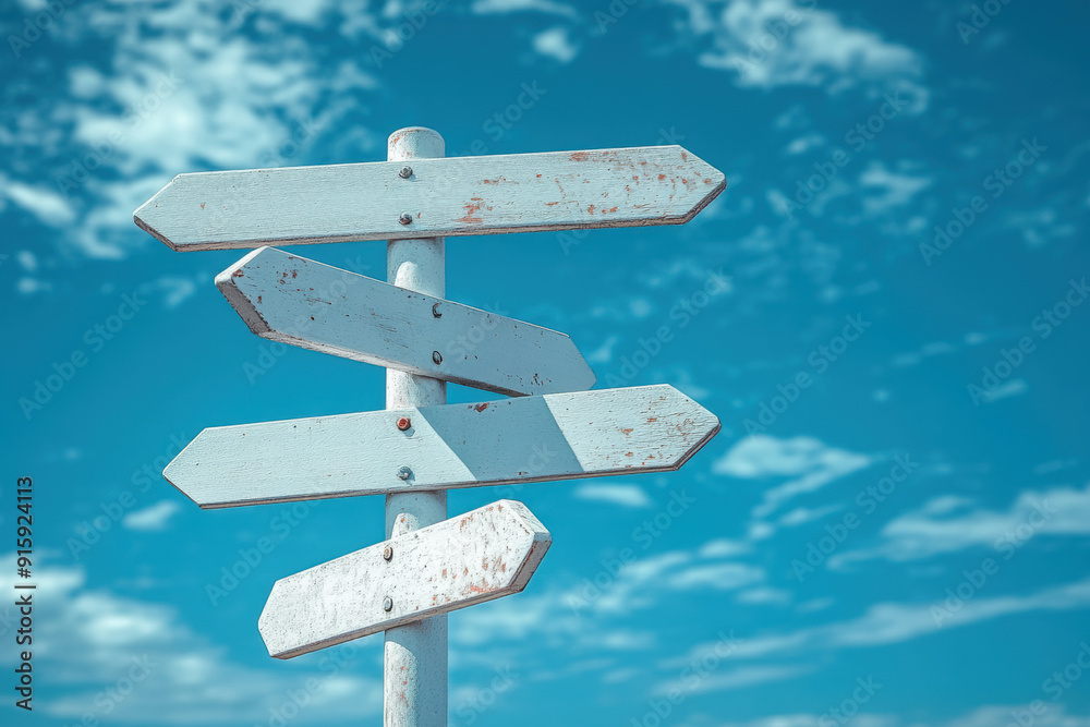 Image of five blank white road signs pointing in different directions ...