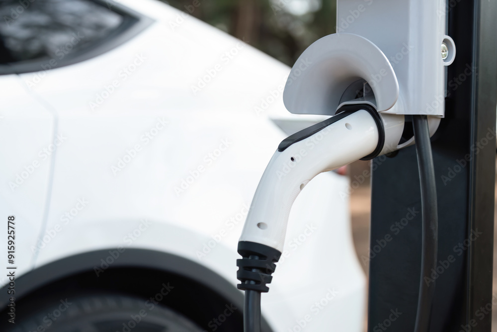 Closeup EV charger handle plugged in or connect to electric car ...