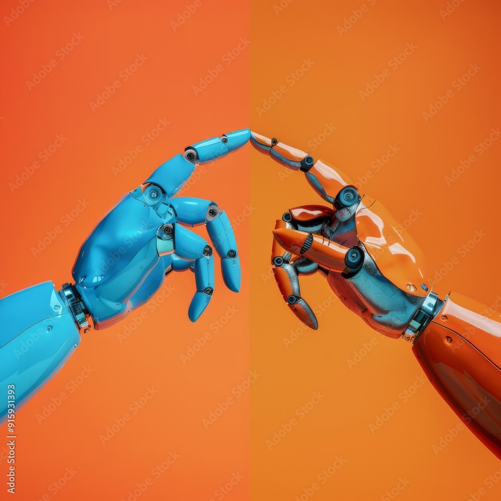 Top view of two robotic hands, one offering help blue and the other ...