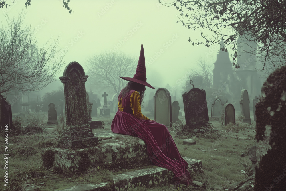 Vintage film still of a witch in a pink and mustard velvet dress and ...