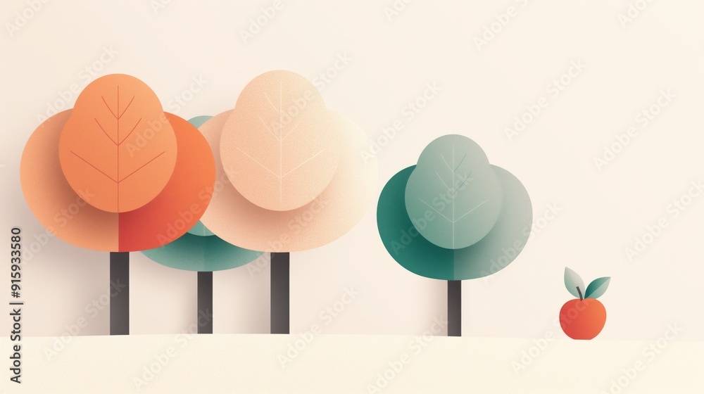 2D illustration of a fruit orchard with simple tree with basic shapes ...