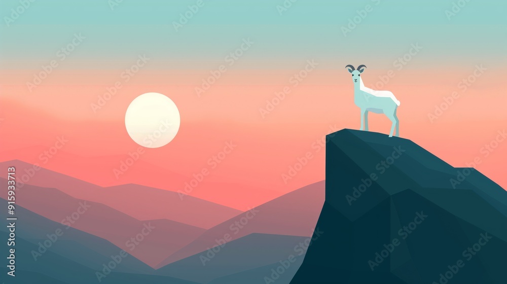2D illustration of a goat on a mountainside with basic shapes on a ...