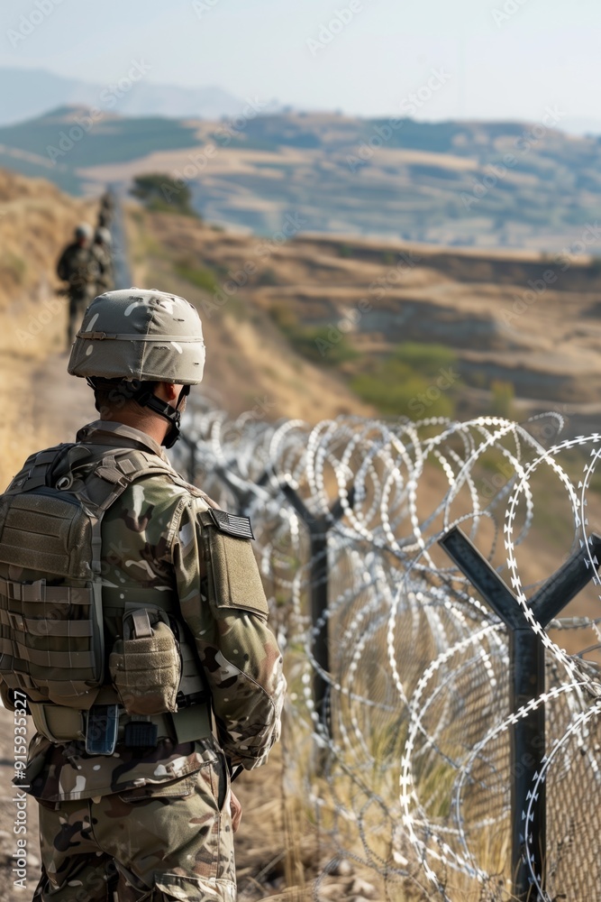 Soldiers in camouflage uniforms patrolling border area with barbed wire ...