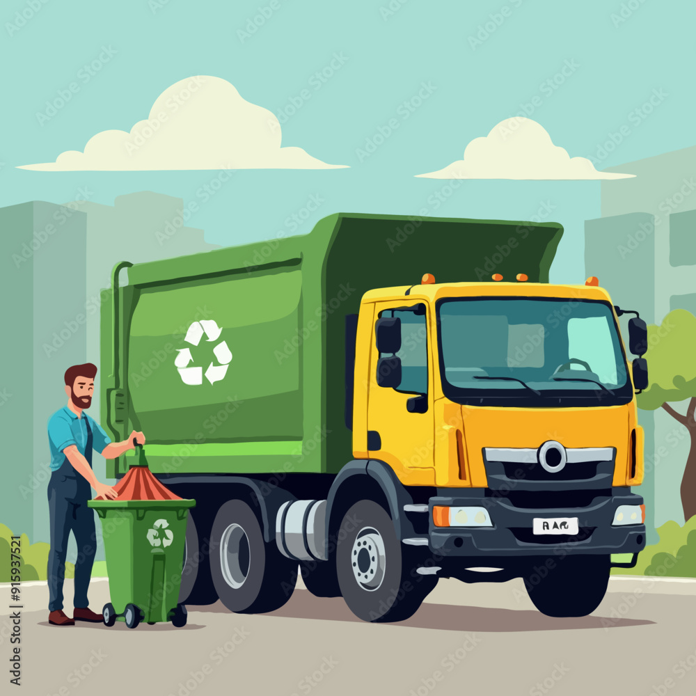 Man Cleaning Trash Container to Rubbish Truck with Recycle Sign. Lorry ...