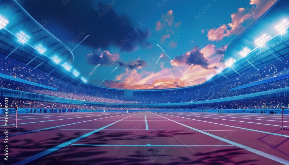 A vibrant sunset illuminates a modern athletic stadium with a perfectly ...
