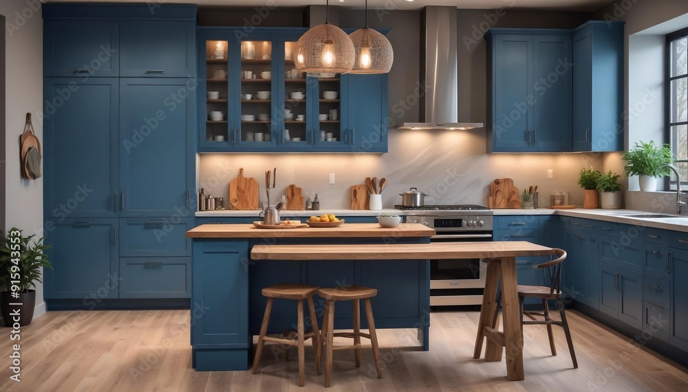 Rustic wooden table in a modern kitchen setting with blue cabinets and ...