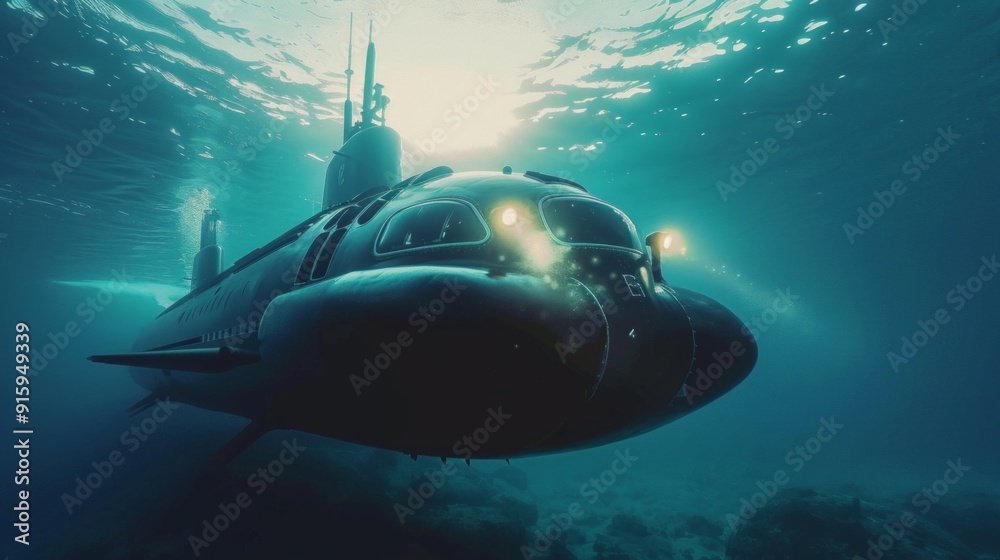 Underwater submarine with lights exploring the deep sea. Futuristic ...