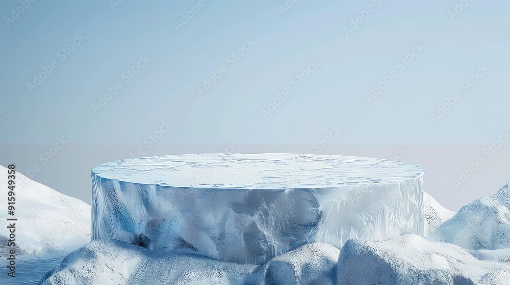 A circular platform made of ice sits atop a snowy mountain range, the ...